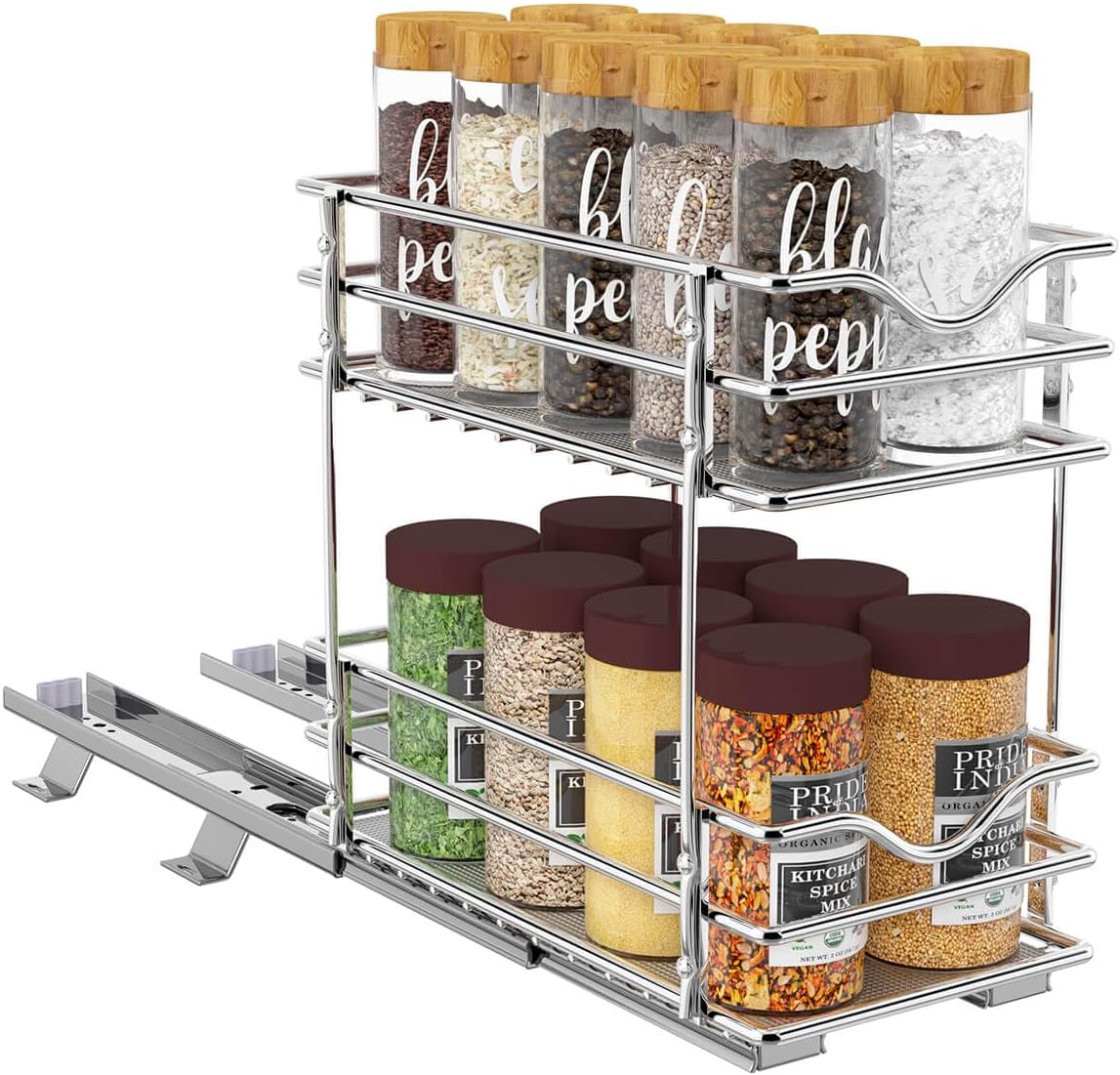 2 Tier Pull Out Spice Rack Organizer（8.3"W x 10"D x 9"H） for Cabinet ...